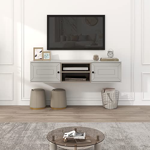 HAUSHECK Modern Floating Stand for 65 Inch TVs with 2 Large Storage, 3 Levels Adjustable Shelves, Cable Management & Magnetic Cabinet Door, Wall Mounted Entertainment Center Media Console, Beige