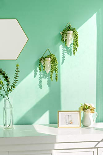 Dahey Geometric Wall Planter Hanging Vase with Artificial Succulent Plants Fake String of Pearls Modern Small Ceramic Wall Decor for Indoor Outdoor Home Office Garden, 2 Pack