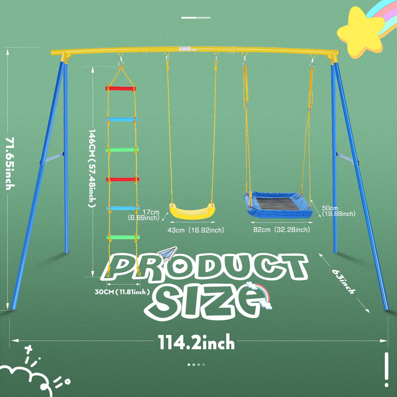 Plohee 3 in 1 Swing Sets for Backyard - 550lbs Heavy Duty Metal Kids Swing Set with Platform Swing Seat, Belt Swing Seat and Climbing Ladder for Playground