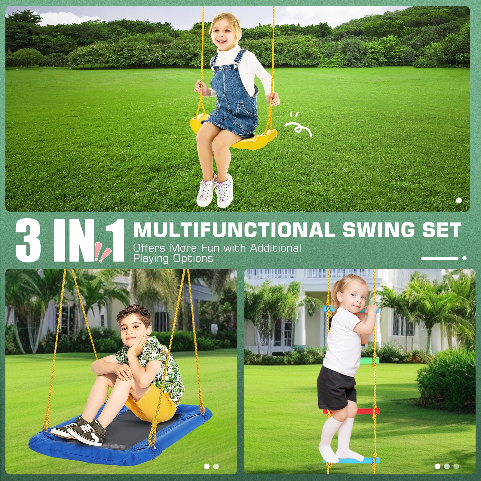 Plohee 3 in 1 Swing Sets for Backyard - 550lbs Heavy Duty Metal Kids Swing Set with Platform Swing Seat, Belt Swing Seat and Climbing Ladder for Playground