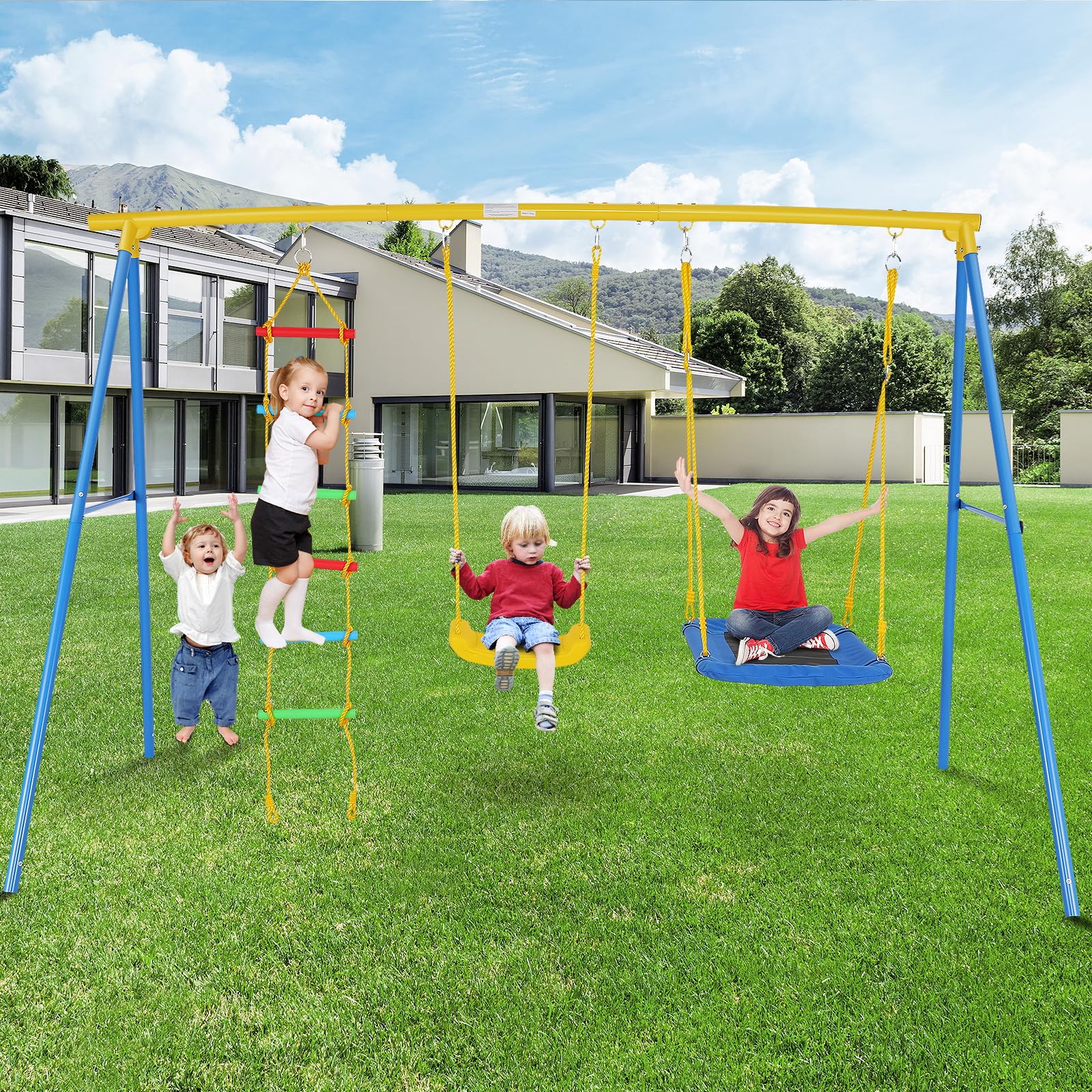 Plohee 3 in 1 Swing Sets for Backyard - 550lbs Heavy Duty Metal Kids Swing Set with Platform Swing Seat, Belt Swing Seat and Climbing Ladder for Playground