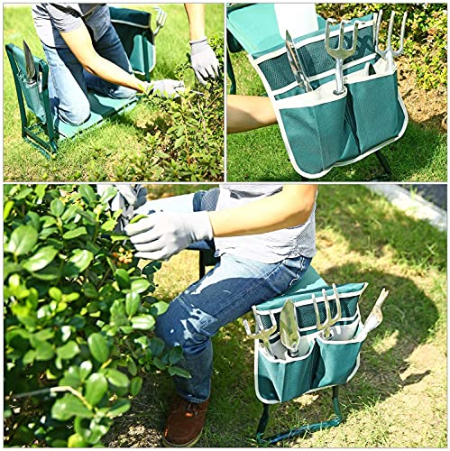 Ohuhu Garden Kneeler and Seat with EVA Foam Kneeling Pad, Foldable Garden Stool Bonus 2 Tool Pouches, 2-in-1 Heavy Duty Portable Gardening Beach, Idea for Women Men Elders Gardener