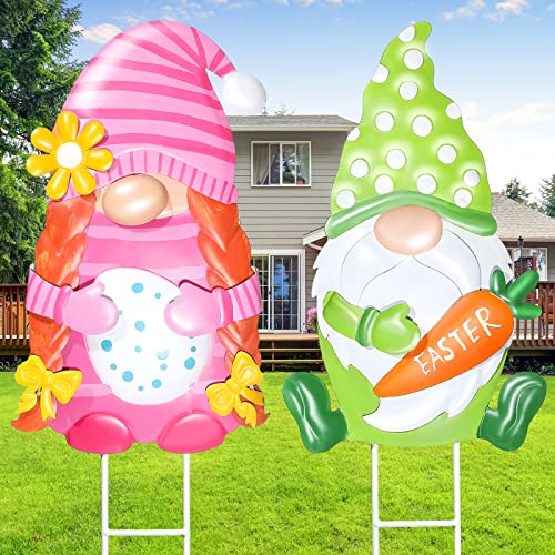 Easter Decorations Outdoor Set of 2 Metal Easter Gnomes Yard Signs Outdoor 23'' Gnomes Decorative Stakes for Easter Garden, Lawn, Party, Easter Props Decoraster Decor