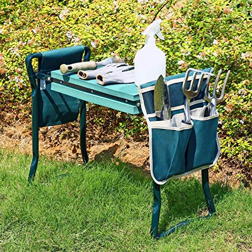Ohuhu Garden Kneeler and Seat with EVA Foam Kneeling Pad, Foldable Garden Stool Bonus 2 Tool Pouches, 2-in-1 Heavy Duty Portable Gardening Beach, Idea for Women Men Elders Gardener