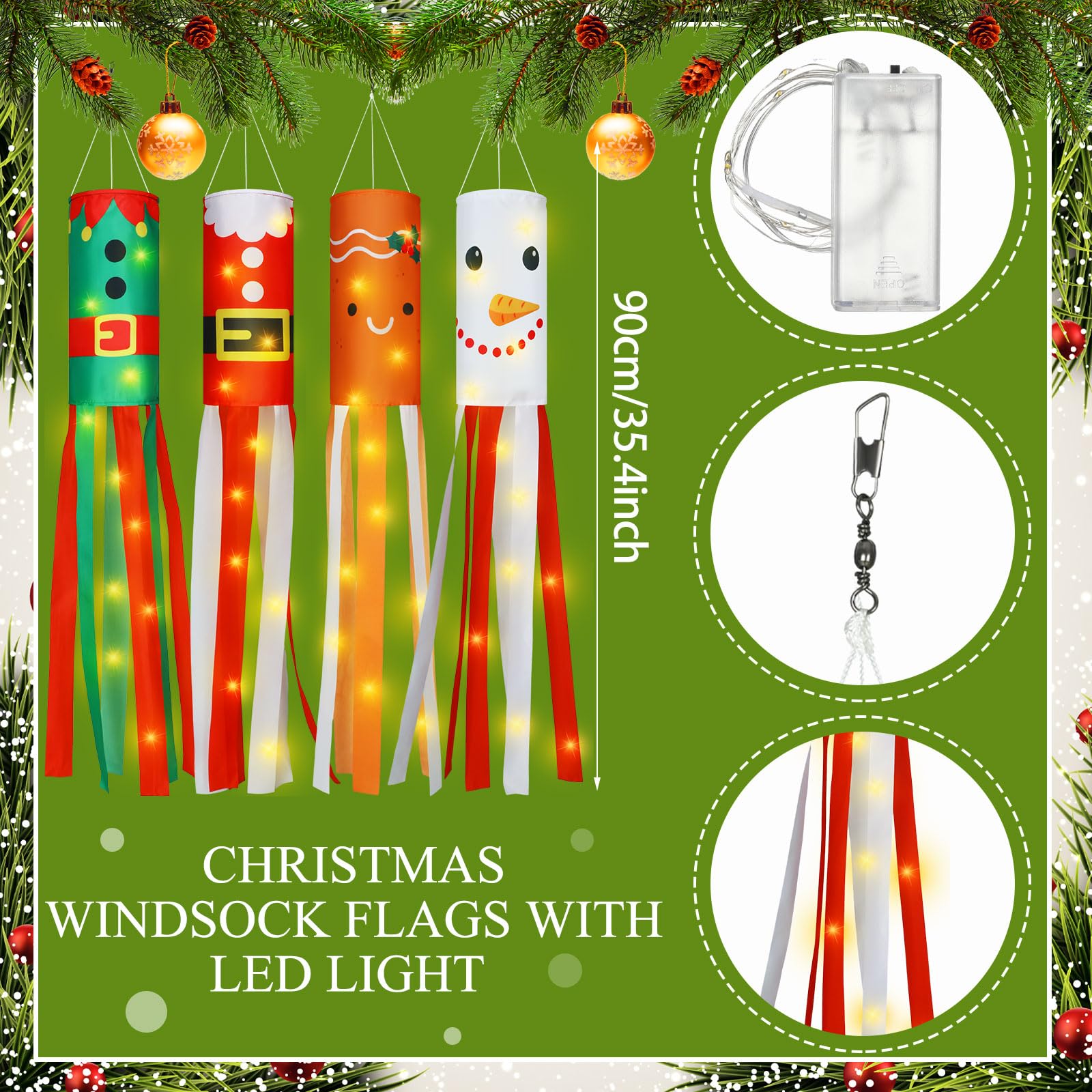 VitalCozy 4 Pcs Christmas Windsock Flags with LED Light Christmas Tree Hanging Decorations Santa Claus Gingerbread Man Elf Snowman Christmas Decorations for Lawn Yard Patio Garden Winter Party Decor