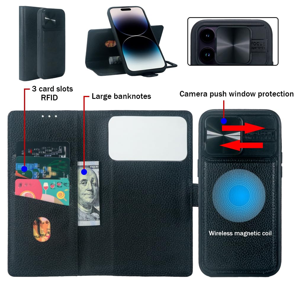 Vitodo Compatible with iPhone 15 Pro Max Wallet Case - Magnetic Detachable 2 Style Cases with Card Slot & Camera Cover, RFID Blocking Premium Leather Kickstand 360° Full Protection Flip Case (Black)