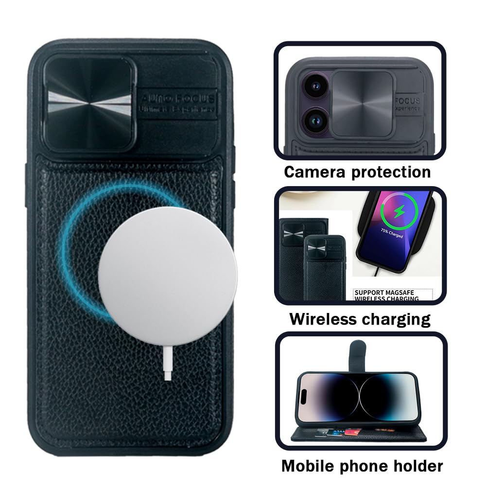 Vitodo Compatible with iPhone 15 Pro Max Wallet Case - Magnetic Detachable 2 Style Cases with Card Slot & Camera Cover, RFID Blocking Premium Leather Kickstand 360° Full Protection Flip Case (Black)