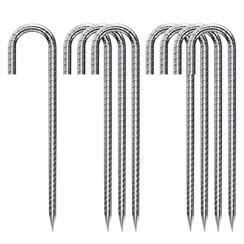 Rebar Stakes J Hook Extra Heavy Duty,【12 inch Long Enough】1/4 inch Rust Proof Coated Steel Ground Stakes Ground Anchors, Garden Stake Metal Stakes Tent Stakes Trampoline Anchors with Chisel Point End