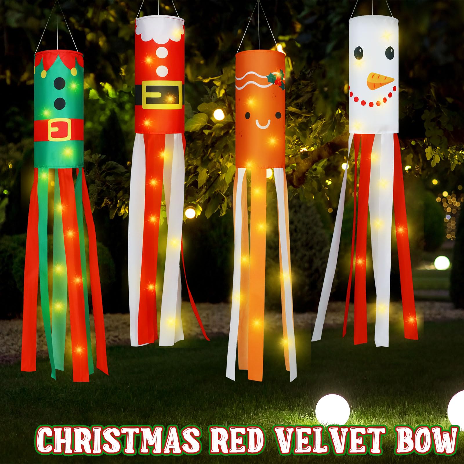 VitalCozy 4 Pcs Christmas Windsock Flags with LED Light Christmas Tree Hanging Decorations Santa Claus Gingerbread Man Elf Snowman Christmas Decorations for Lawn Yard Patio Garden Winter Party Decor