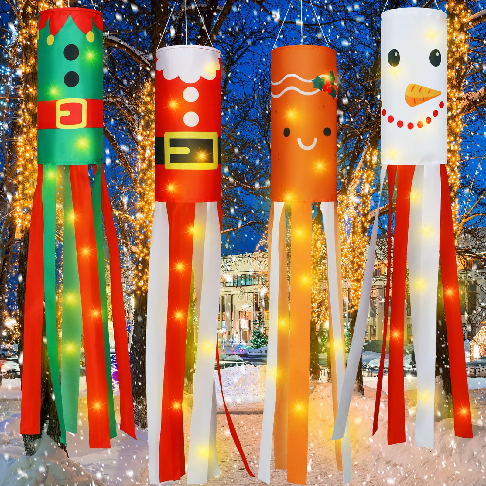 VitalCozy 4 Pcs Christmas Windsock Flags with LED Light Christmas Tree Hanging Decorations Santa Claus Gingerbread Man Elf Snowman Christmas Decorations for Lawn Yard Patio Garden Winter Party Decor