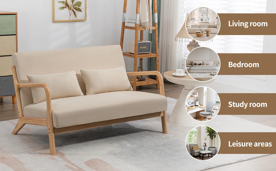 ARSURA Leisure Chair with Solid Wood Armrest and Feet, Mid-Century Modern Accent Sofa, for Living Room Bedroom Studio, 2 seat, Beige