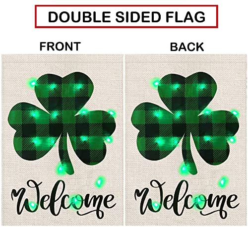 St Patricks Day Garden Flag Shamrock LED Lighted Welcome Buffalo Plaid Yard Outdoor Decoration Vertical Double Sized Burlap Spring Holiday Decor 12.5 x 18 Inch