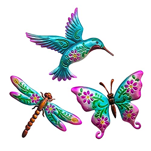 WAIU Hummingbird Butterfly Dragonfly Metal Wall Art Decor, Wall Sculpture Decoration Hanging for Home Living Room Bedroom Garden Porch Patio Balcony Ornament for Indoor Outdoor, 3 pack 9 inch Blue