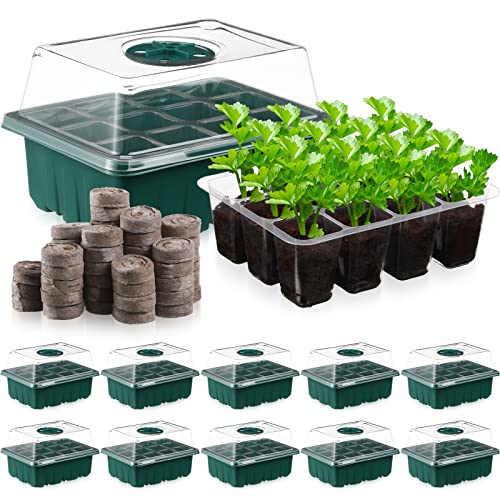 10 Pack Seed Starter Tray 120 Cells Total Tray 150 Peat Soil Peat Pellets for Seedlings Plant Grow Seed Box Tray with Adjustable Humidity Dome Base Garden Propagator Set for Plant Germination Growing