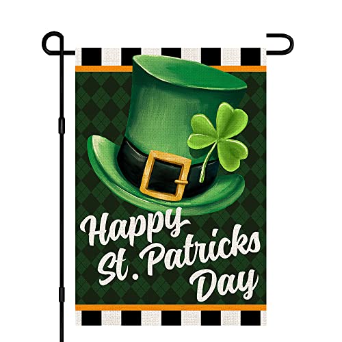 Happy St Patricks Day Garden Flag 12x18 Inch Burlap Double Sided Green Lucky Shamrock/Hat Sign Seasonal Small Flag Outdoor Decorations DF188