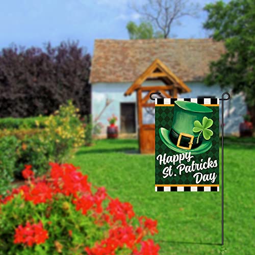 Happy St Patricks Day Garden Flag 12x18 Inch Burlap Double Sided Green Lucky Shamrock/Hat Sign Seasonal Small Flag Outdoor Decorations DF188