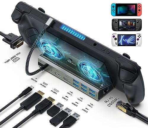 BALQTENH Steam Deck Dock,Steam Deck Docking Station 3 Monitors w/ 2 Steam Deck Fan,11 in 1 Triple Monitor Docking Station Asus Rog Ally Dock Nintendo Switch Docking Station w/ 100W PD Charging Port