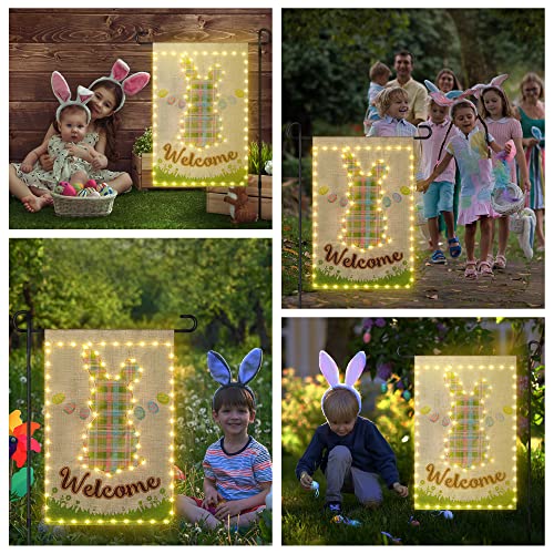 Easter Garden Flag with LED string lights 12x18 Inch Double Sided Waterproof 8 Modes Lighted Garden Flag Bunny Eggs Vertical Burlap Spring Garden Flags for Lawn Yard Decoration