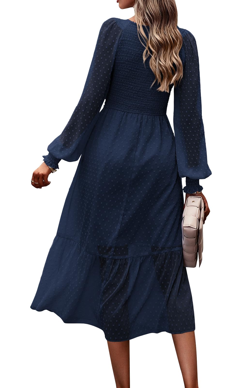 PRETTYGARDEN Women's Fall Dresses 2024 Long Sleeve V Neck Swiss Dot Smocked Ruffle Midi Dress Boho Chiffon Flowy Long Dress (Navy,Large)