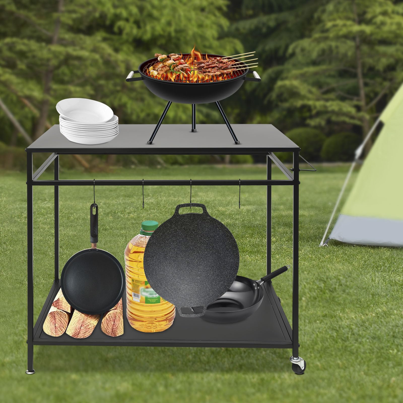 CNCEST Outdoor Grill Cart, Double-Shelf Movable Cooking Table, Outdoor Dining Cart with Storage and Spice Rack, Movable Kitchen Cart on Wheels,Kitchen BBQ Food Prep Table for Grill -Black