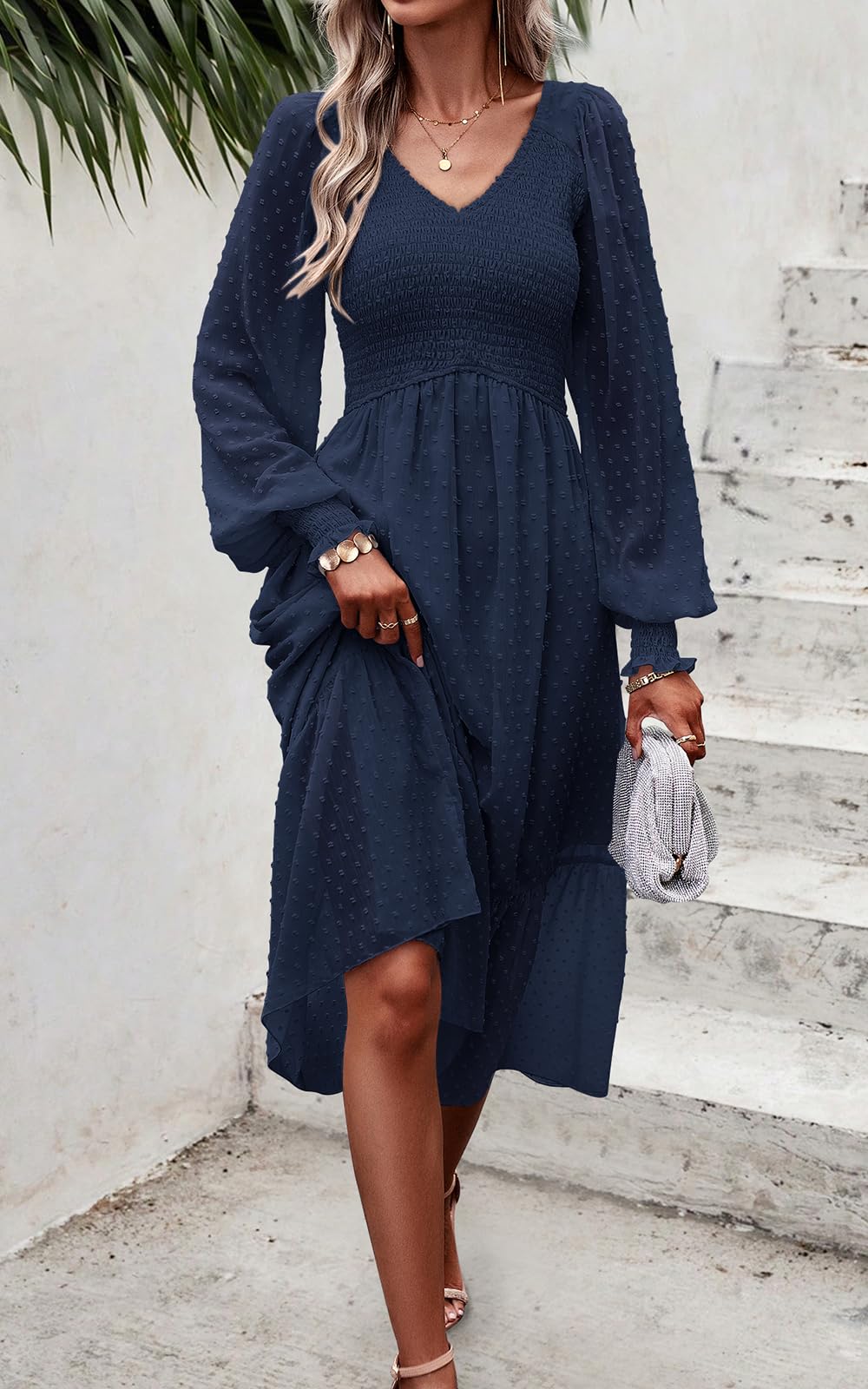 PRETTYGARDEN Women's Fall Dresses 2024 Long Sleeve V Neck Swiss Dot Smocked Ruffle Midi Dress Boho Chiffon Flowy Long Dress (Navy,Large)