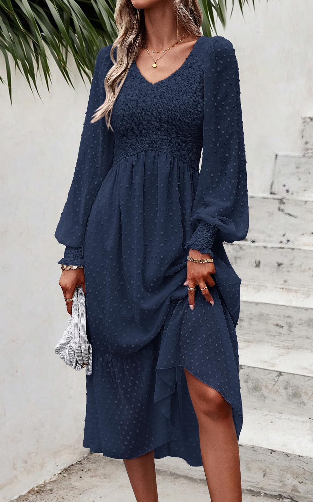PRETTYGARDEN Women's Fall Dresses 2024 Long Sleeve V Neck Swiss Dot Smocked Ruffle Midi Dress Boho Chiffon Flowy Long Dress (Navy,Large)