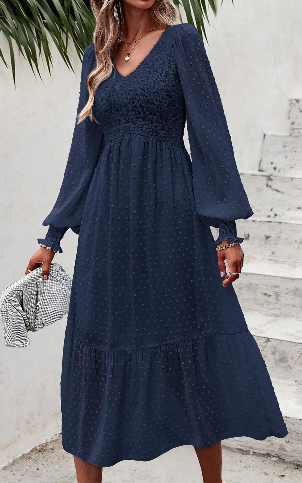PRETTYGARDEN Women's Fall Dresses 2024 Long Sleeve V Neck Swiss Dot Smocked Ruffle Midi Dress Boho Chiffon Flowy Long Dress (Navy,Large)