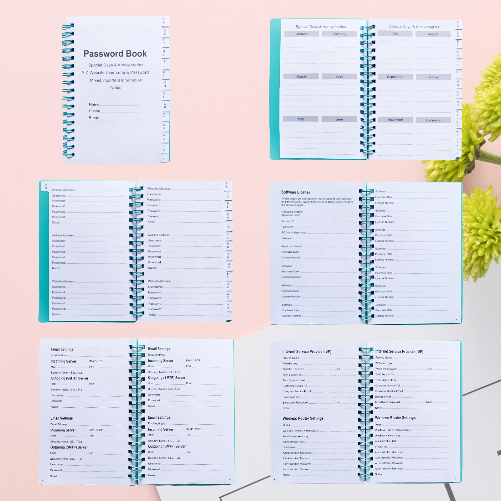 Discreet Password Book with Alphabetical A-Z Tabs - Password Notebook for Internet Website Address Login, Password Keeper and Organizer, No Title on The Cover, 6" x 4", Green