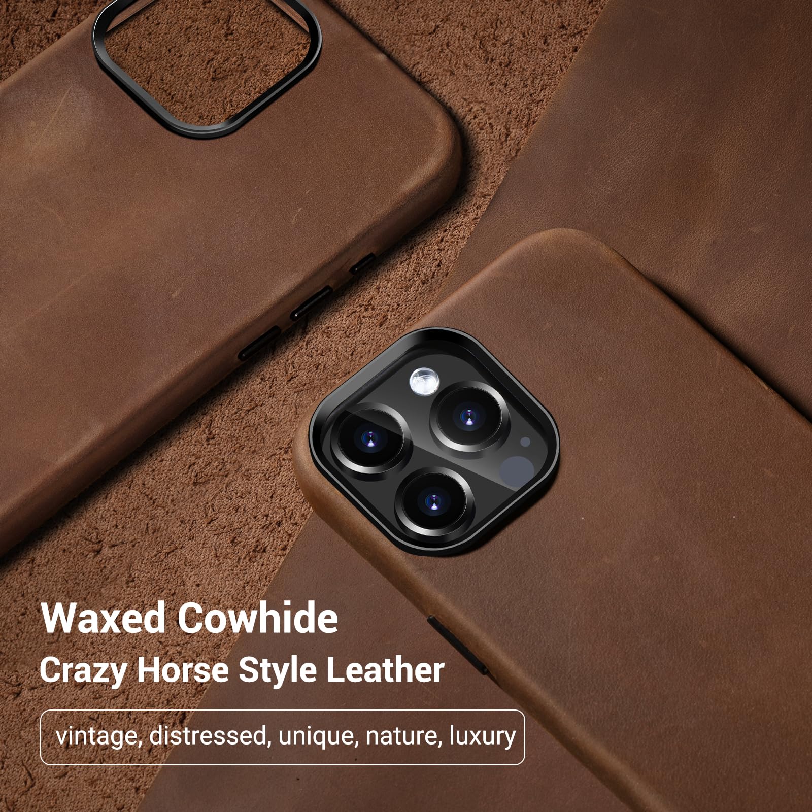 Belemay Compatible with iPhone 15 Pro Max Leather Case Magsafe-Top Grain Vintage Crazy Horse Leather-Metal Buttons Camera Bezel-Slim Fit-Precision Crafted Premium Phone Cover (6.7-inch)-Retro Brown