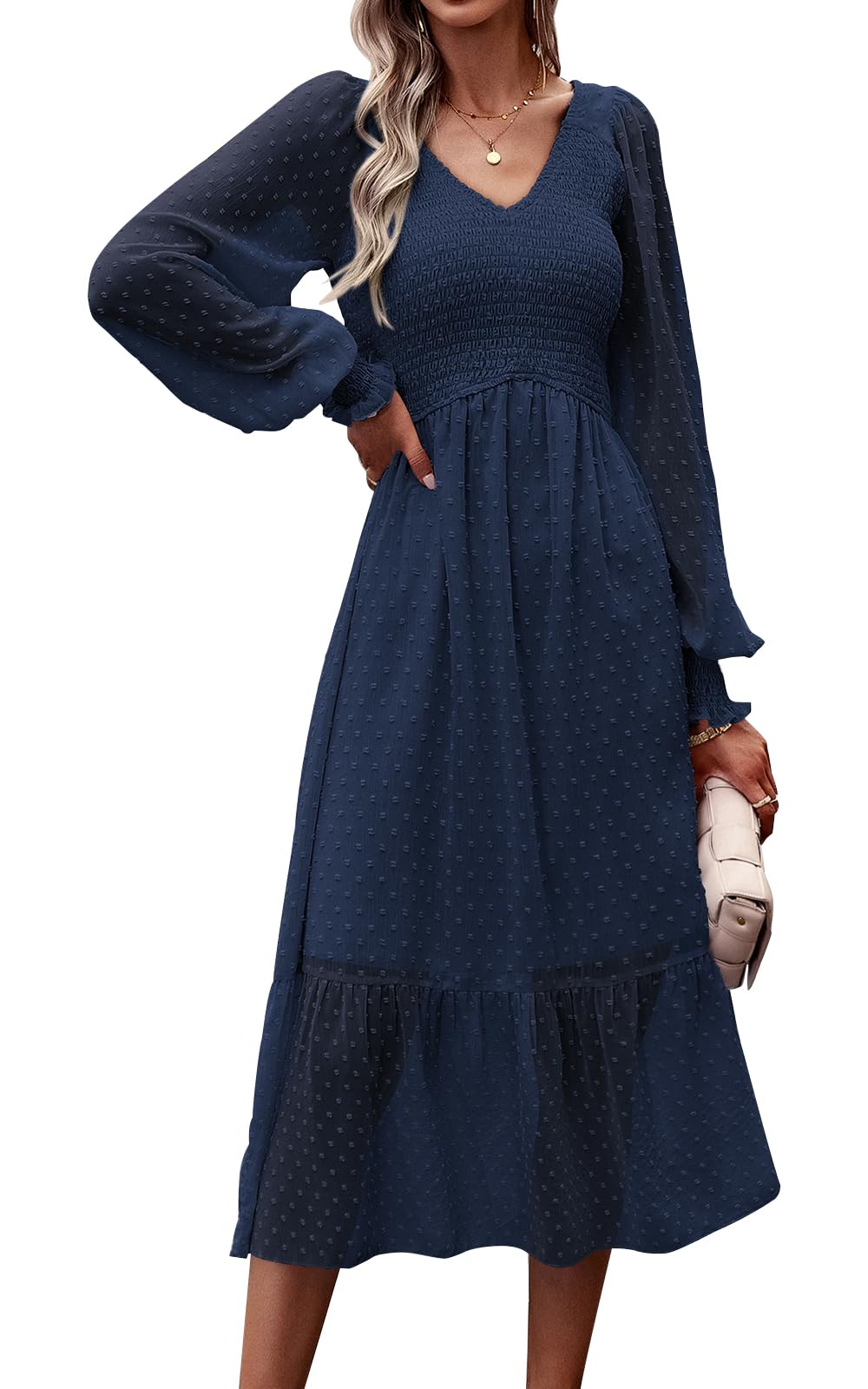 PRETTYGARDEN Women's Fall Dresses 2024 Long Sleeve V Neck Swiss Dot Smocked Ruffle Midi Dress Boho Chiffon Flowy Long Dress (Navy,Large)