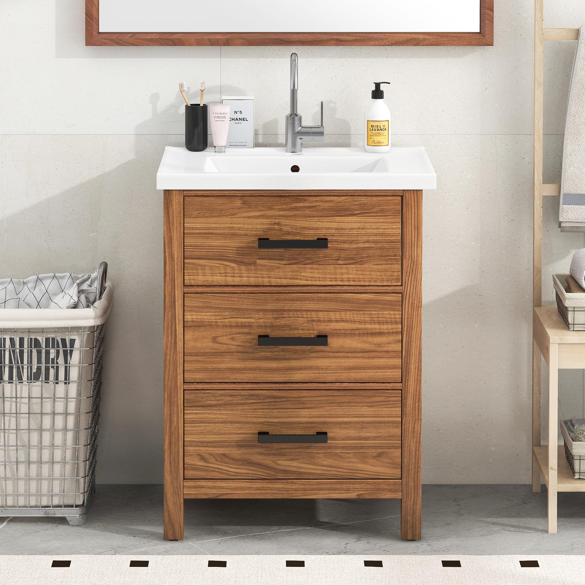 Beardslee 24" Bathroom Vanity with Sink, Modern Bathroom Storage Cabinet with 3 Drawers, Brown Natural Wood Bath Vanity w/Ceramic Sink for Small Space (Natural Wood)