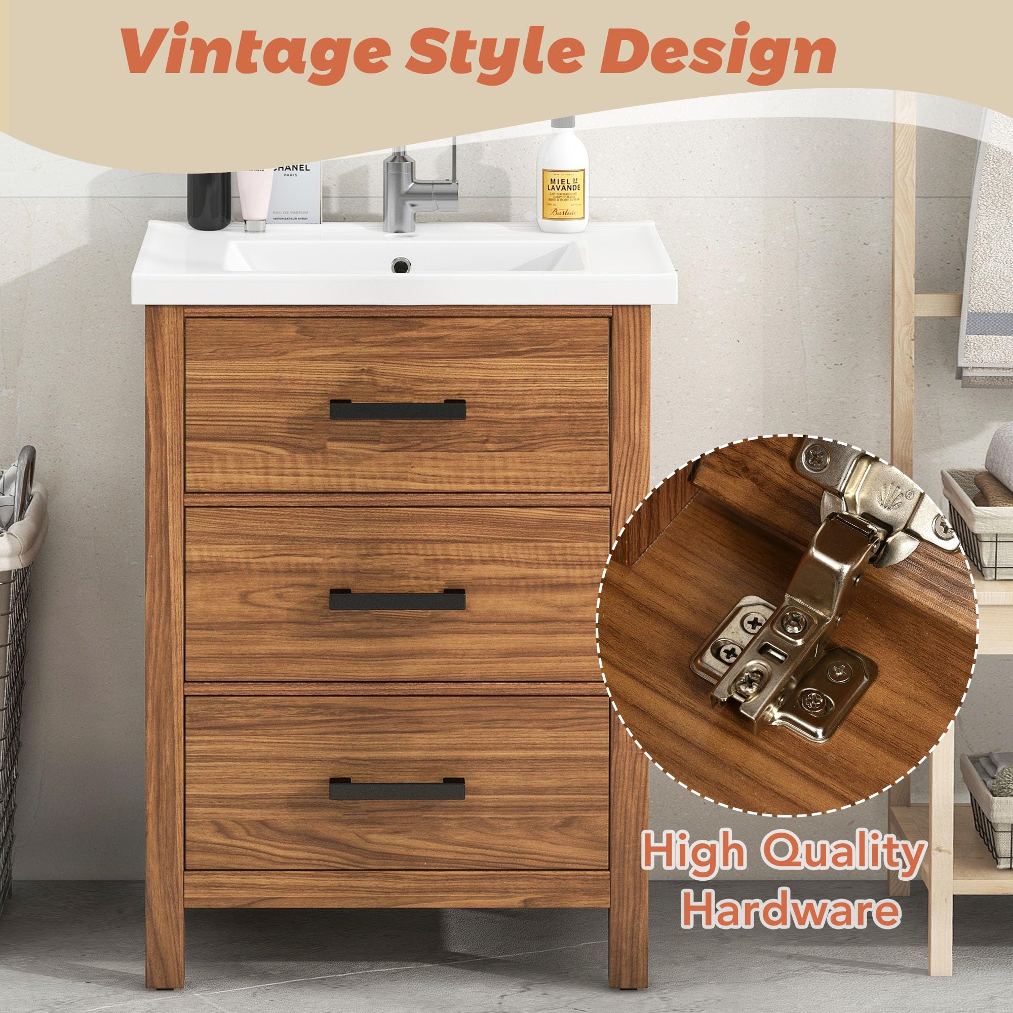 Beardslee 24" Bathroom Vanity with Sink, Modern Bathroom Storage Cabinet with 3 Drawers, Brown Natural Wood Bath Vanity w/Ceramic Sink for Small Space (Natural Wood)