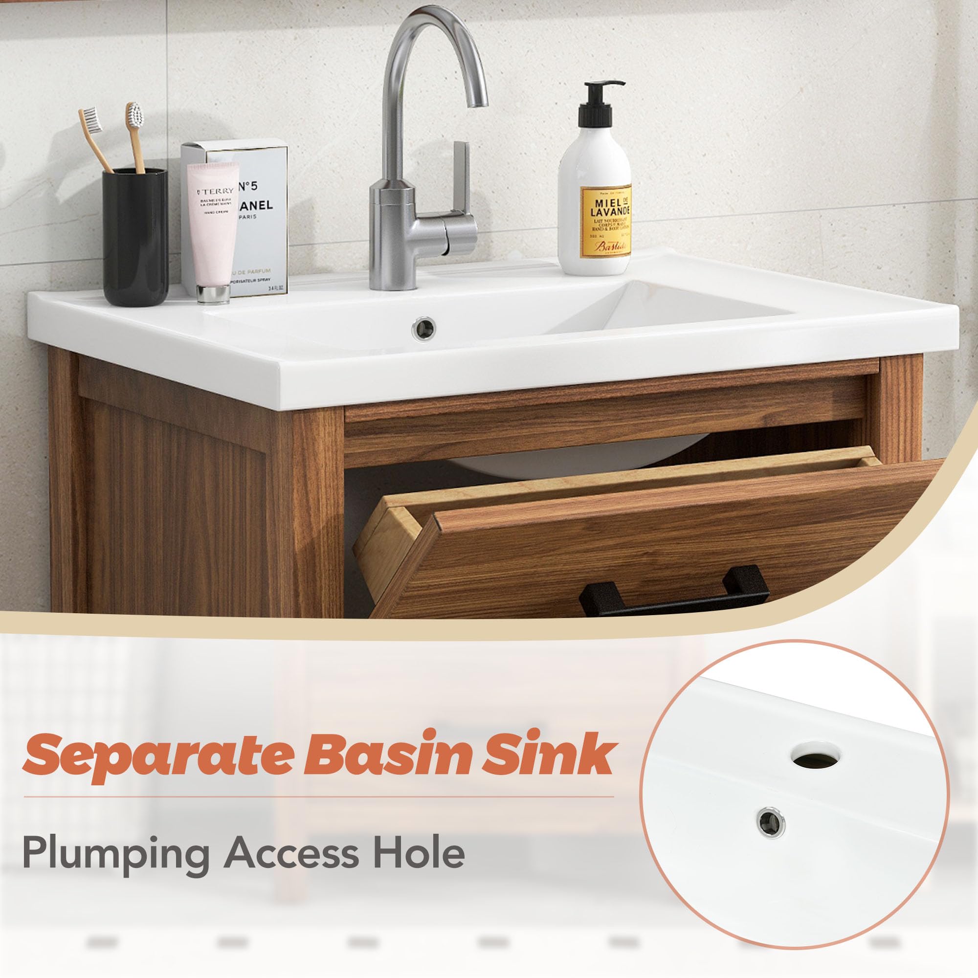 Beardslee 24" Bathroom Vanity with Sink, Modern Bathroom Storage Cabinet with 3 Drawers, Brown Natural Wood Bath Vanity w/Ceramic Sink for Small Space (Natural Wood)