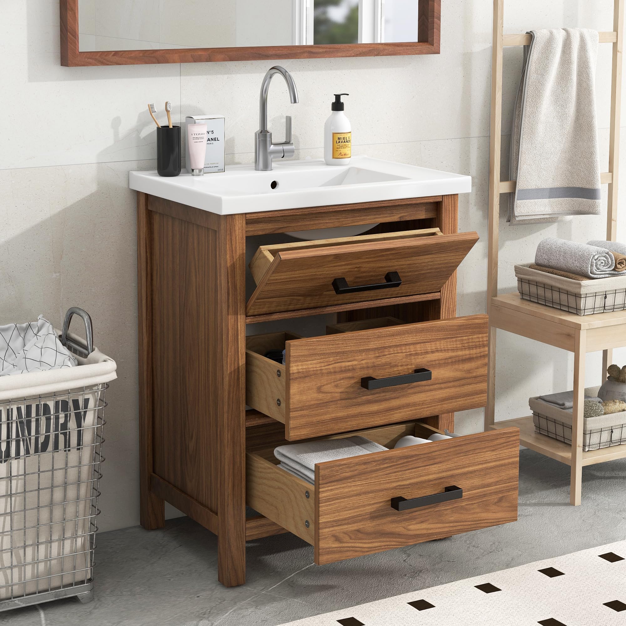 Beardslee 24" Bathroom Vanity with Sink, Modern Bathroom Storage Cabinet with 3 Drawers, Brown Natural Wood Bath Vanity w/Ceramic Sink for Small Space (Natural Wood)