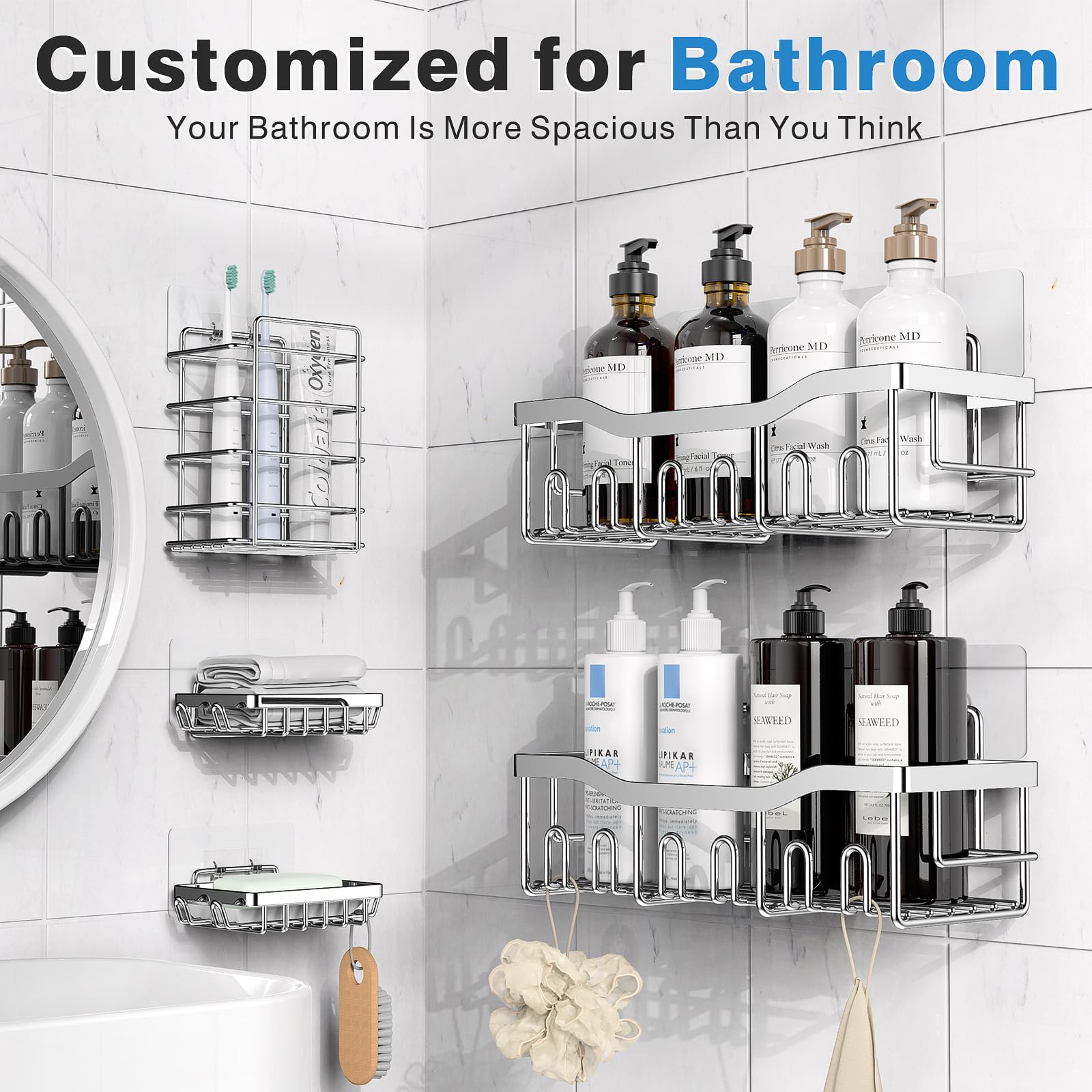 EUDELE Adhesive Shower Caddy, 5 Pack Stainless Steel Bath Organizers With No Drilling, Large Capacity Rustproof Shelves for Bathroom Storage & Home Decor