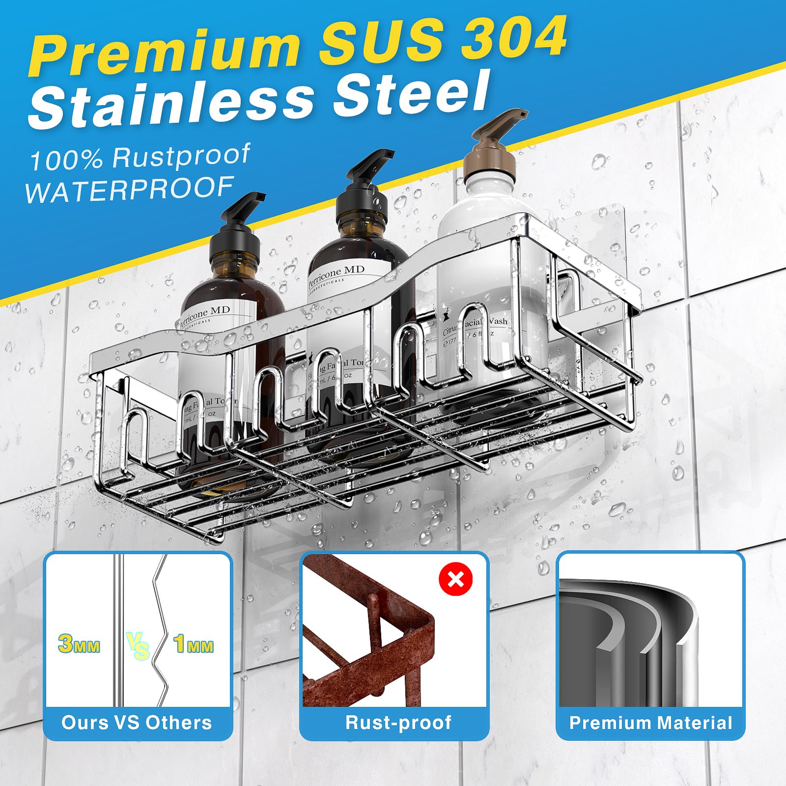 EUDELE Adhesive Shower Caddy, 5 Pack Stainless Steel Bath Organizers With No Drilling, Large Capacity Rustproof Shelves for Bathroom Storage & Home Decor