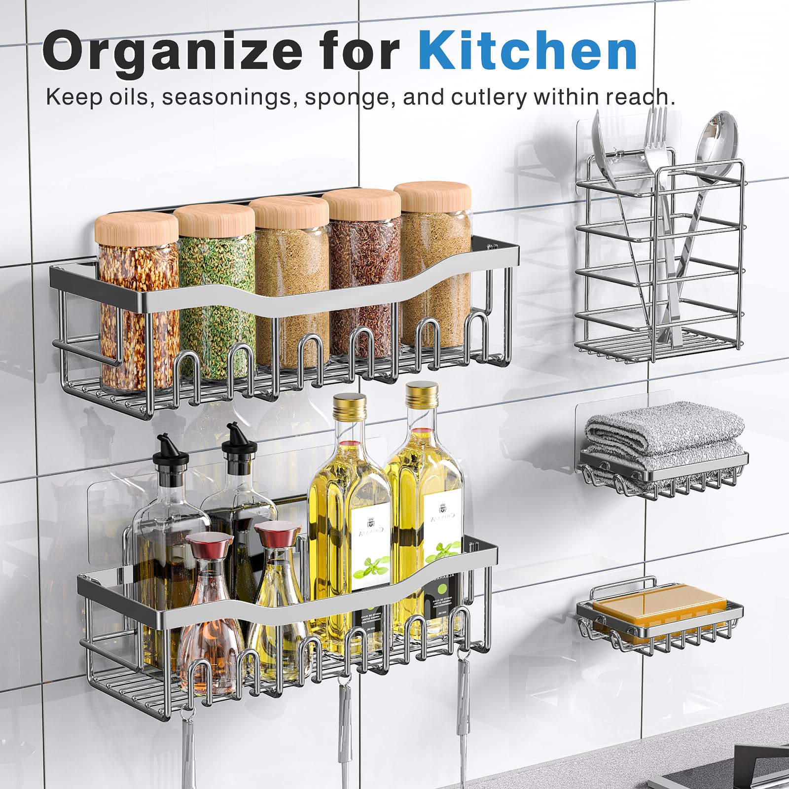 EUDELE Adhesive Shower Caddy, 5 Pack Stainless Steel Bath Organizers With No Drilling, Large Capacity Rustproof Shelves for Bathroom Storage & Home Decor