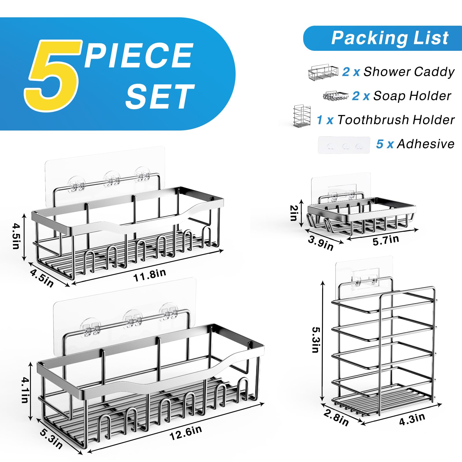 EUDELE Adhesive Shower Caddy, 5 Pack Stainless Steel Bath Organizers With No Drilling, Large Capacity Rustproof Shelves for Bathroom Storage & Home Decor