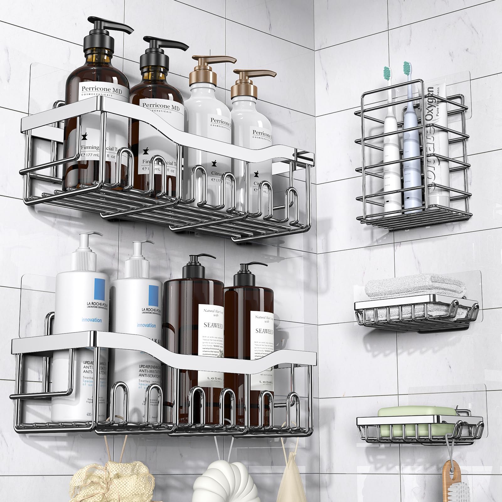 EUDELE Adhesive Shower Caddy, 5 Pack Stainless Steel Bath Organizers With No Drilling, Large Capacity Rustproof Shelves for Bathroom Storage & Home Decor
