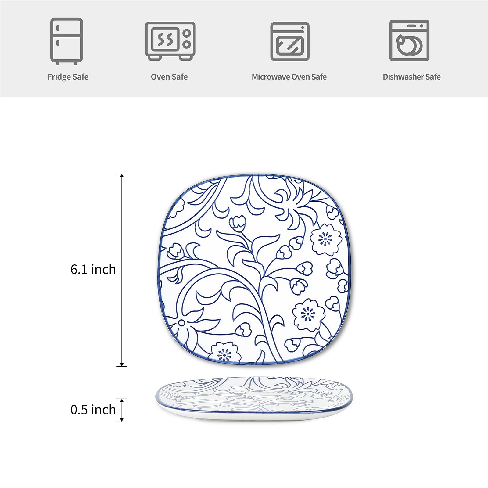 Selamica Porcelain Small Plates, 6 inch Dessert Plates Ceramic, Small Appetizer Plates, Kitchen Salad Plates for Cake Snacks Side Dish, Microwave Dishwasher Safe, Set of 6, Vintage Blue