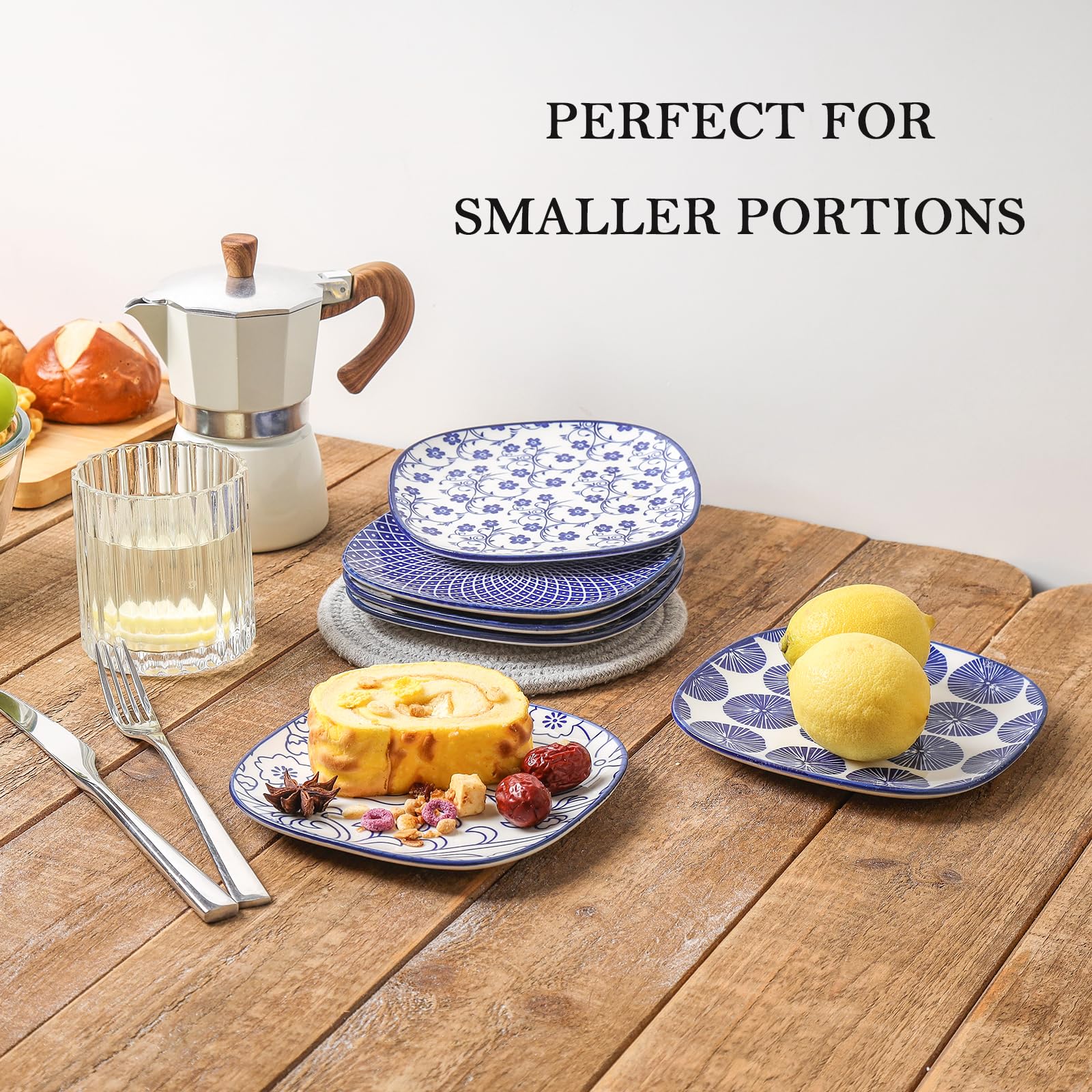 Selamica Porcelain Small Plates, 6 inch Dessert Plates Ceramic, Small Appetizer Plates, Kitchen Salad Plates for Cake Snacks Side Dish, Microwave Dishwasher Safe, Set of 6, Vintage Blue