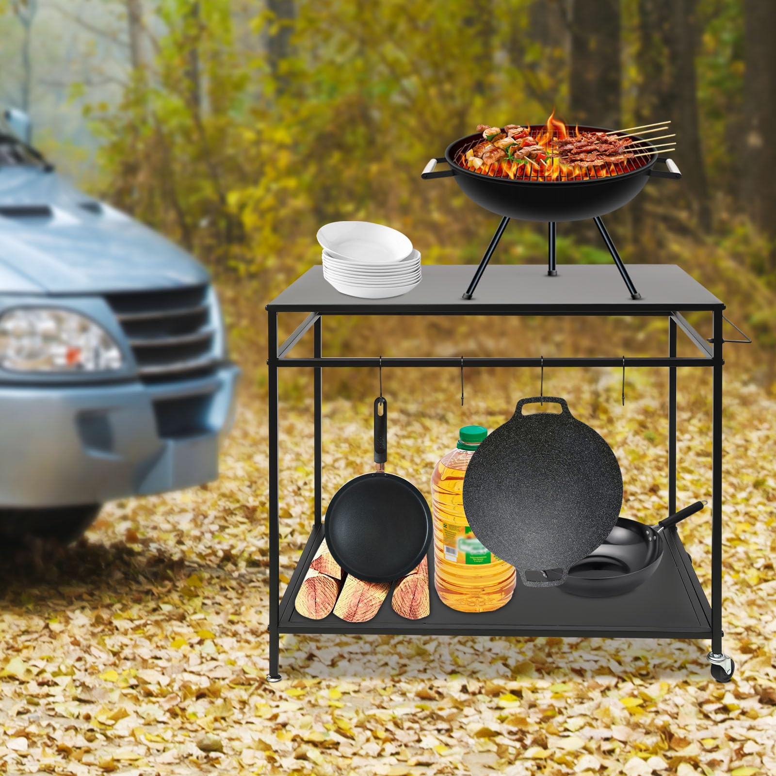 CNCEST Outdoor Grill Cart, Double-Shelf Movable Cooking Table, Outdoor Dining Cart with Storage and Spice Rack, Movable Kitchen Cart on Wheels,Kitchen BBQ Food Prep Table for Grill -Black