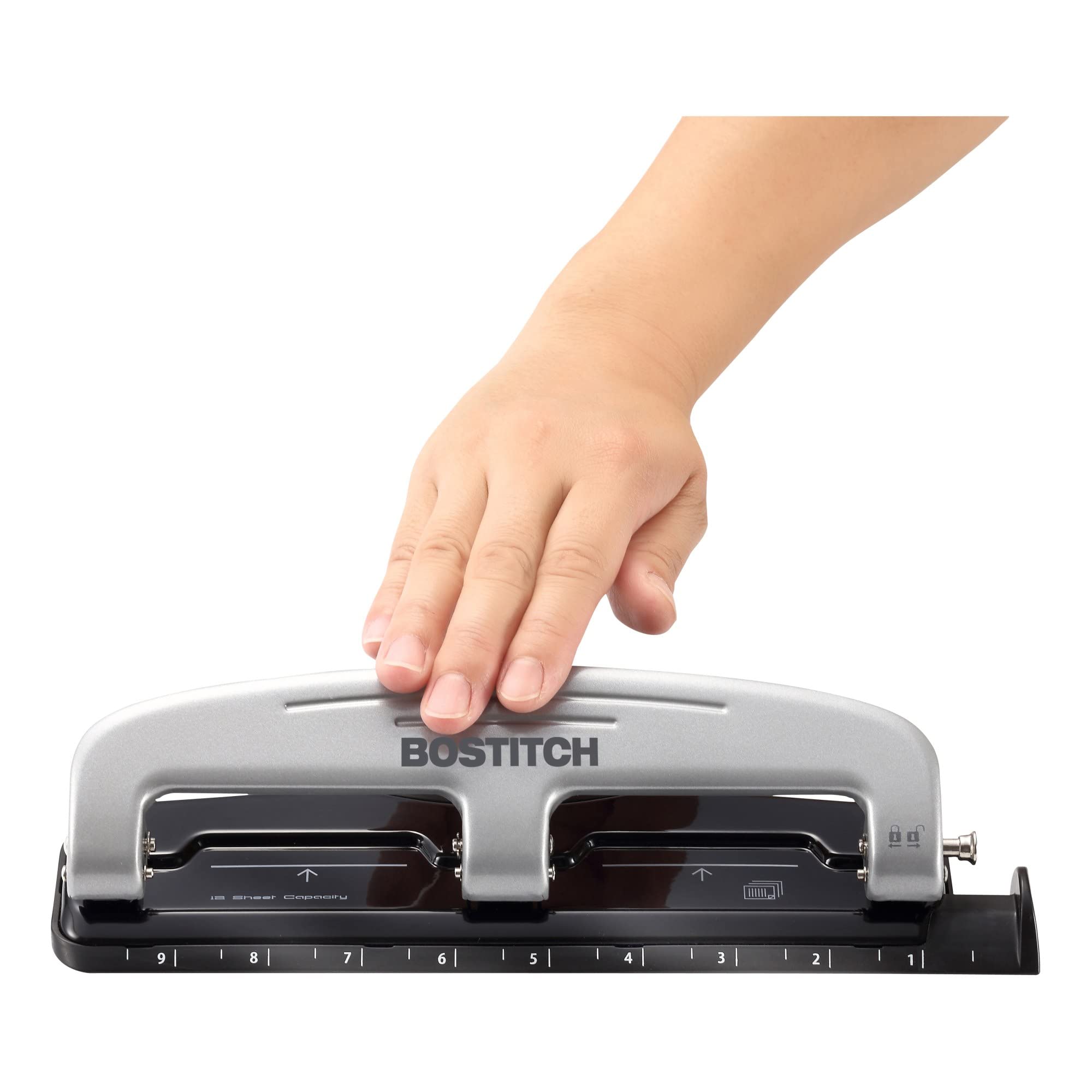 Bostitch Office Three-Hole Punch, Silver/Black (2101), 12 Sheet Black