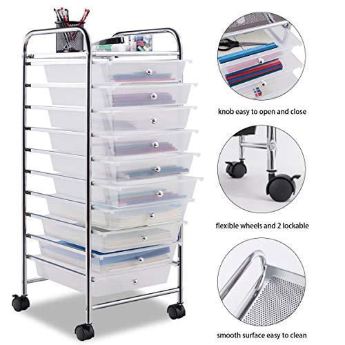 10 Drawer Rolling Storage Cart - Multipurpose Movable Craft Organizers and Storage, Utility Cart for Home Office School