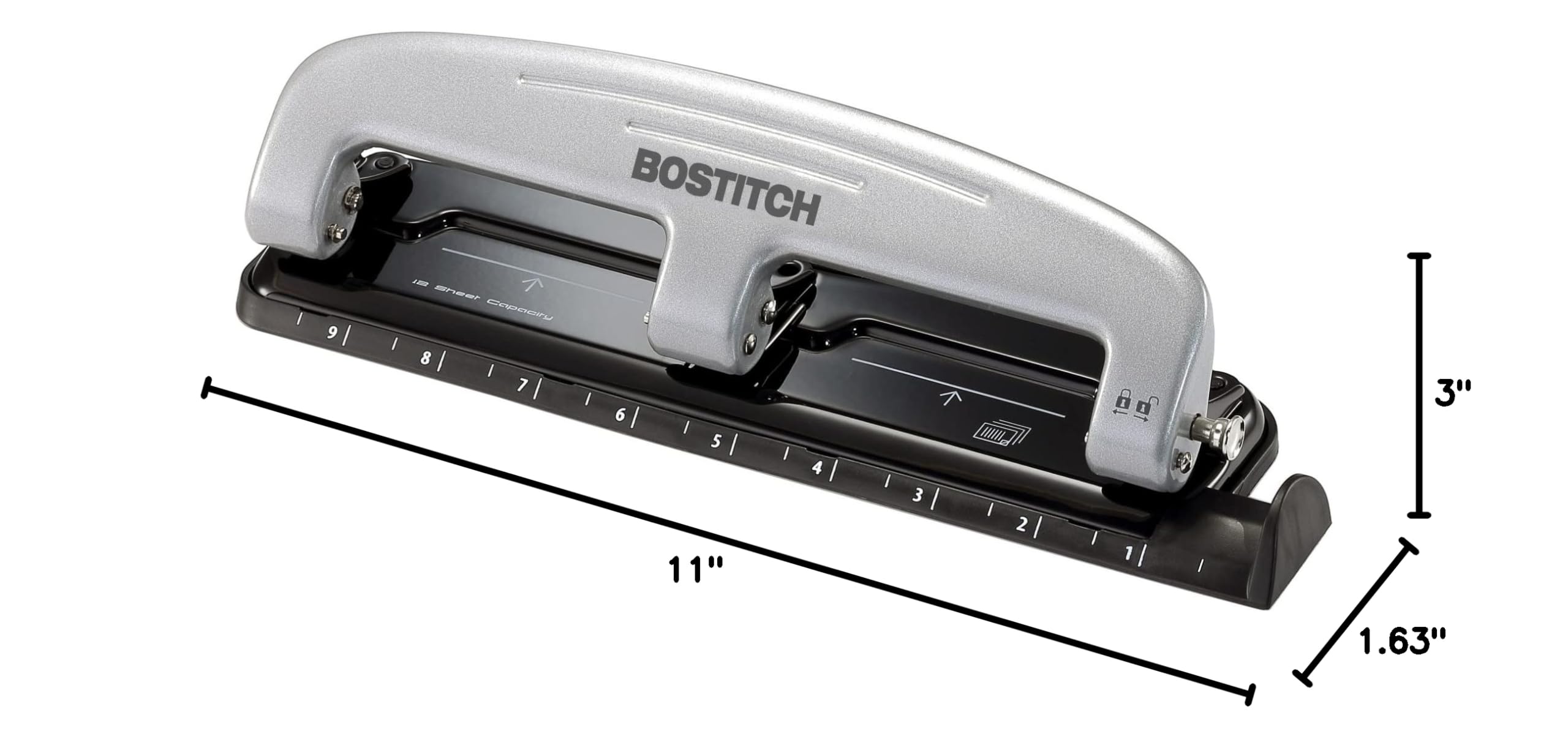 Bostitch Office Three-Hole Punch, Silver/Black (2101), 12 Sheet Black