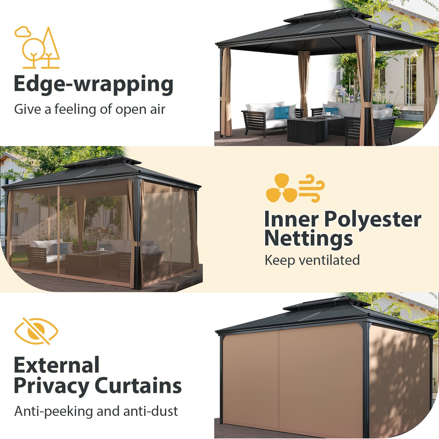 Greesum 10'x13' Hardtop Polycarbonate Gazebo, Outdoor Steel Double Roof Canopy, Aluminum Frame Permanent Pavilion with Netting and Curtains for Lawns, Patio, Backyard and Deck