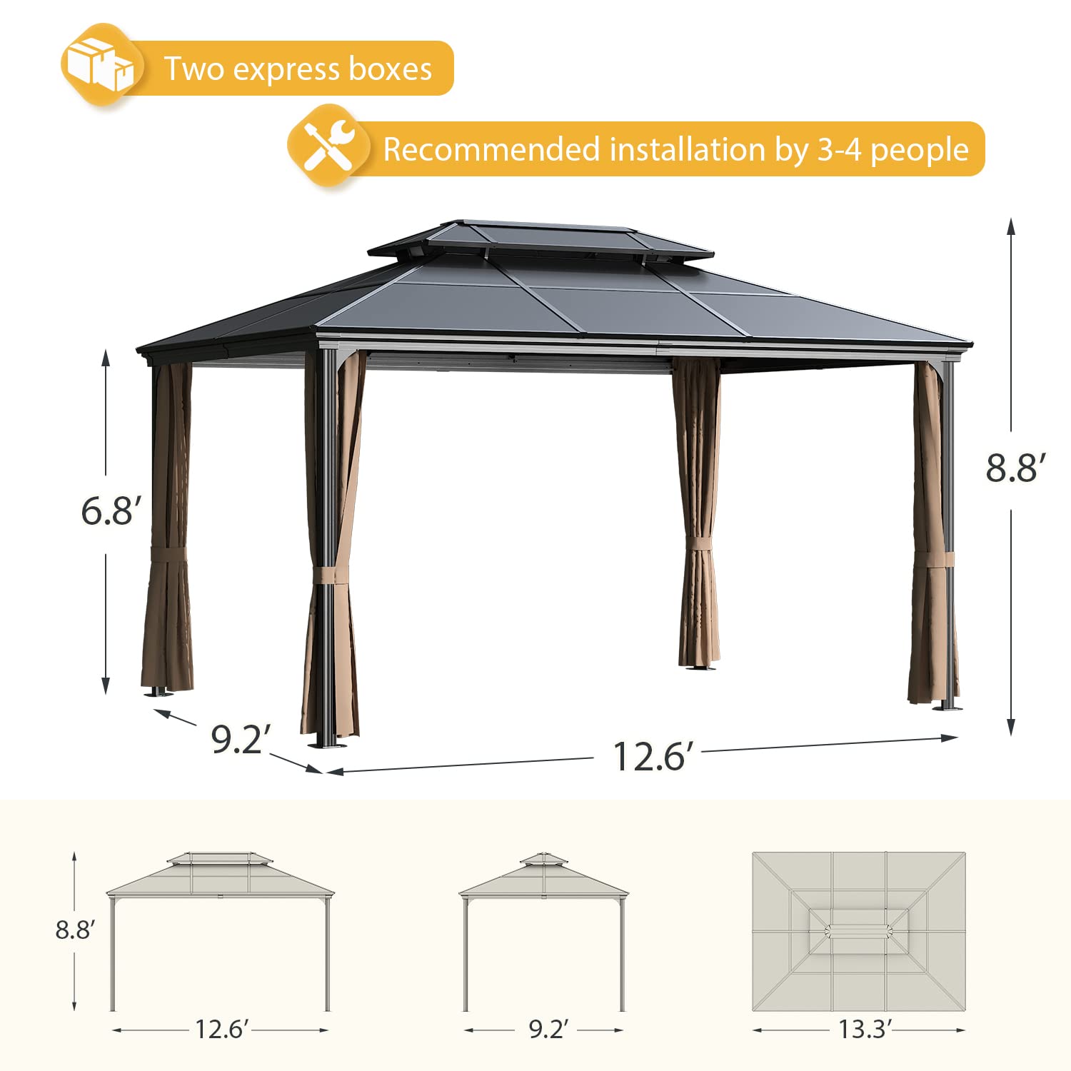 Greesum 10'x13' Hardtop Polycarbonate Gazebo, Outdoor Steel Double Roof Canopy, Aluminum Frame Permanent Pavilion with Netting and Curtains for Lawns, Patio, Backyard and Deck