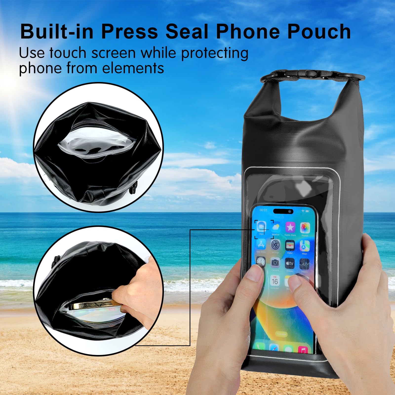 HUGSEE 2L Waterproof Dry Bag Backpack with Integrated Clear Phone Pouch for Outdoor Activities, Black