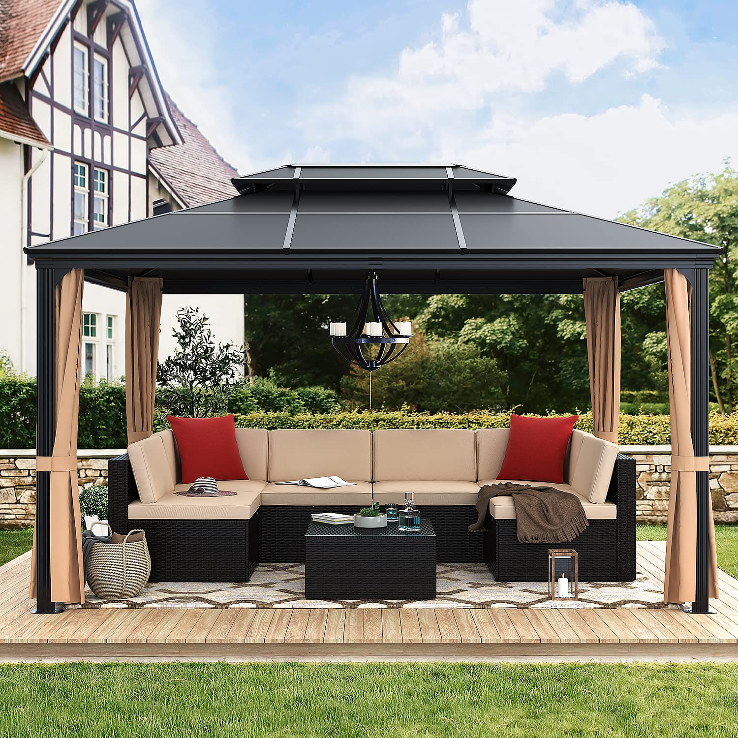 Greesum 10'x13' Hardtop Polycarbonate Gazebo, Outdoor Steel Double Roof Canopy, Aluminum Frame Permanent Pavilion with Netting and Curtains for Lawns, Patio, Backyard and Deck