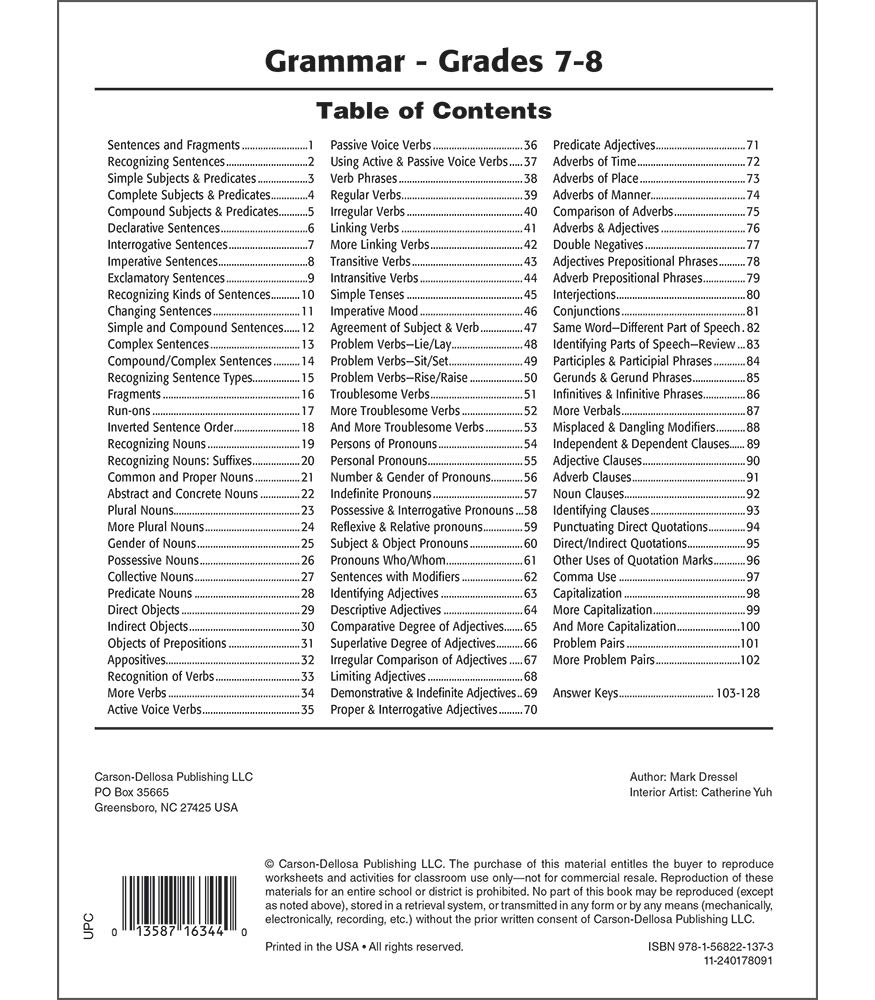 Grammar, Grades 7-8, 100 Reproducible Activities